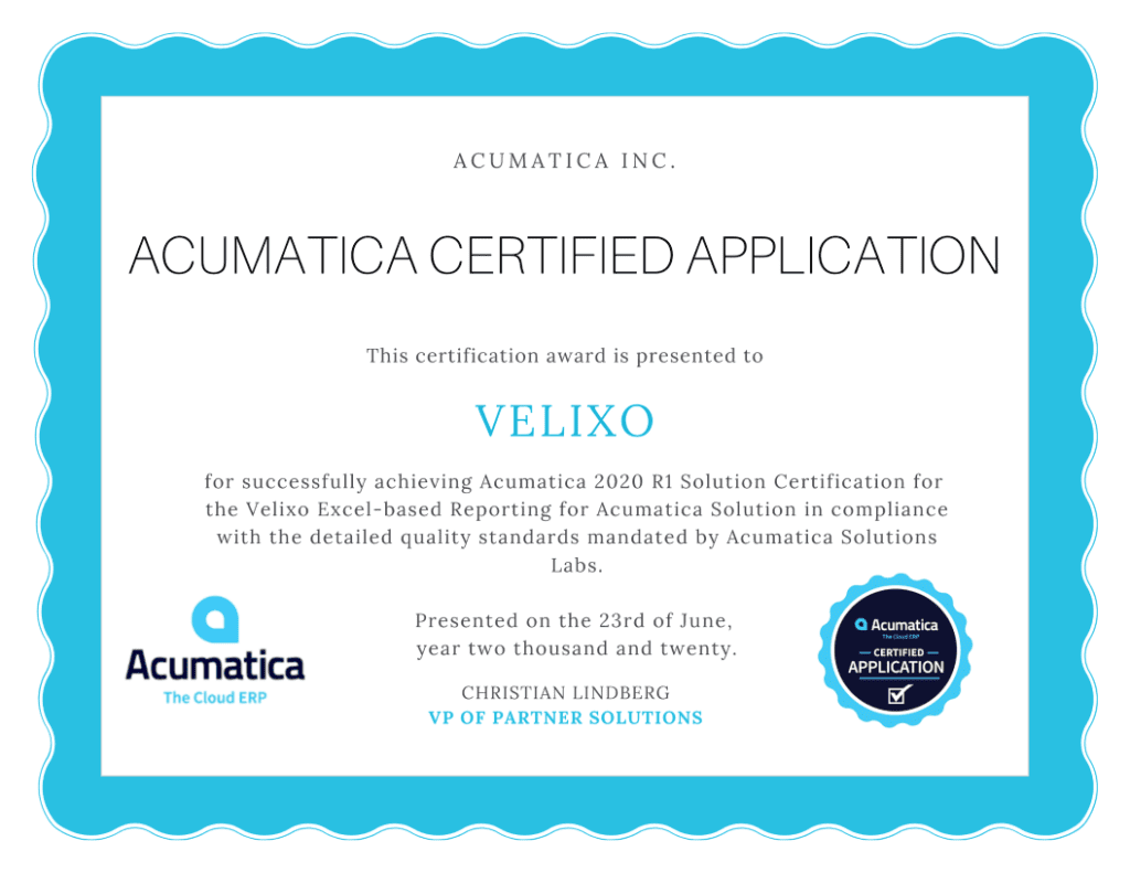 Velixo Application Certified By Acumatica - Velixo